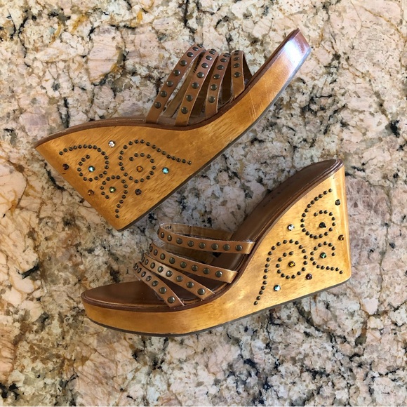 bebe | Shoes | Bebe Retro Jewel Studded Platform Wedge Sandal Heel ...